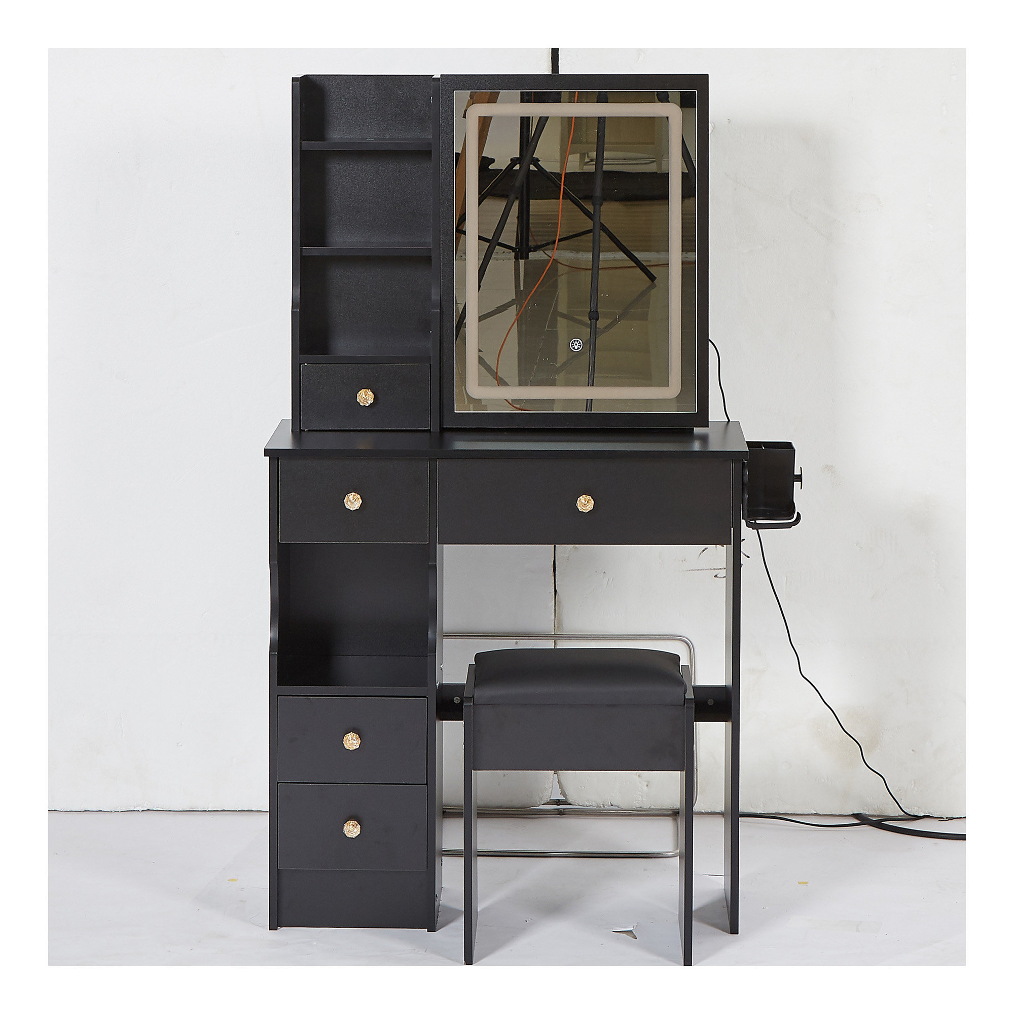 Ivy Bronx 29.2" Small Size Left Drawer Desktop Vanity Table + Cushioned Stool, 2 AC+2 USB Power ...